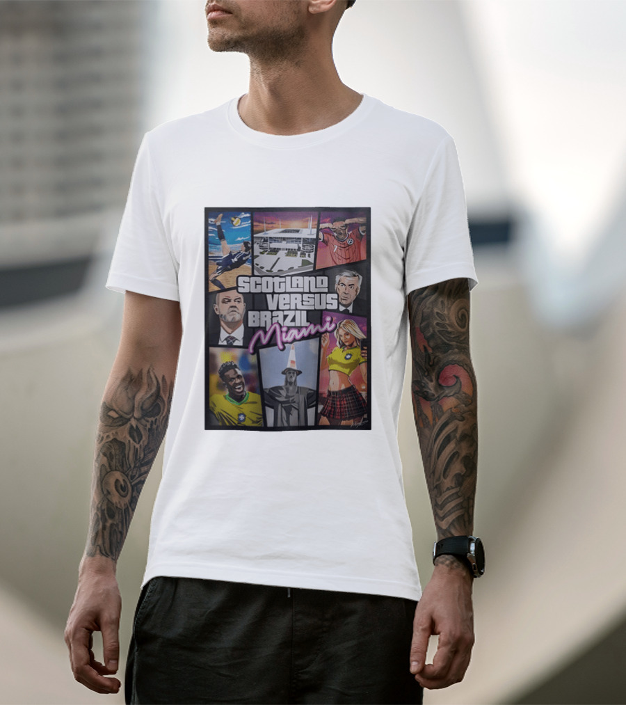 Scotland Versus Brazil Miami Comic Style Soccer Matchup T-Shirt