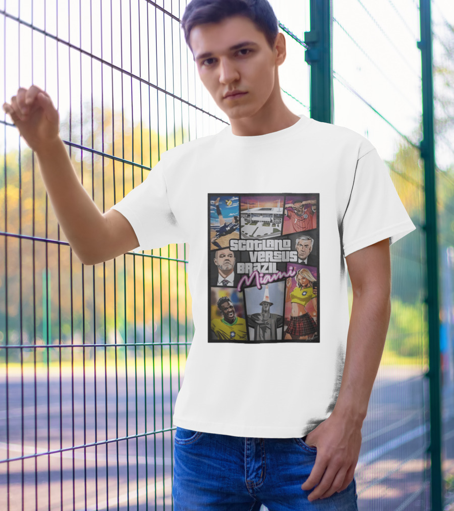 Scotland Versus Brazil Miami Comic Style Soccer Matchup T-Shirt