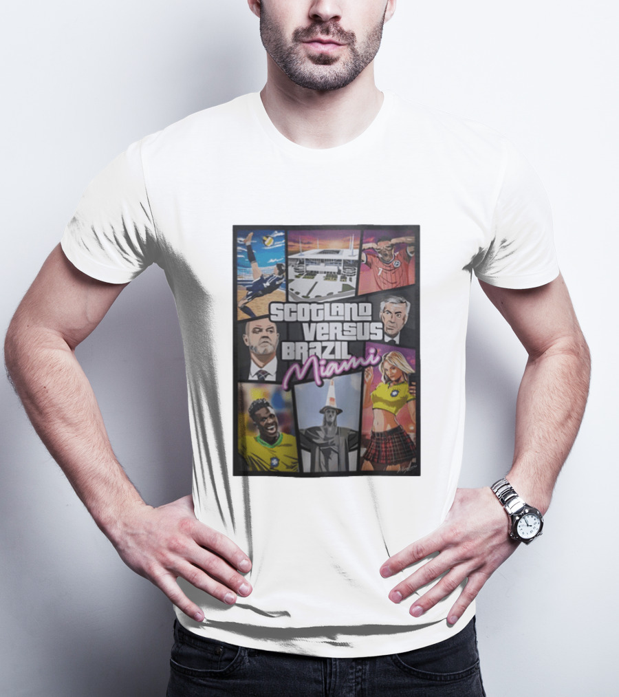 Scotland Versus Brazil Miami Comic Style Soccer Matchup T-Shirt