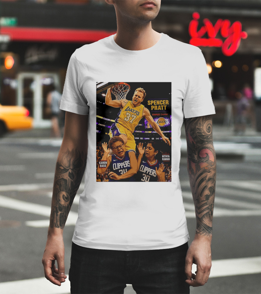 Los Angeles Lakers Spencer Pratt Dunks Staples Center Clippers Karen Bass Nithya Raman T-Shirt