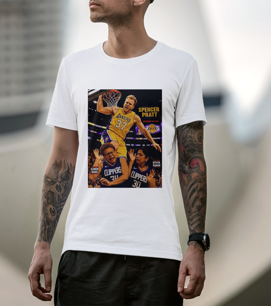 Los Angeles Lakers Spencer Pratt Dunks Staples Center Clippers Karen Bass Nithya Raman T-Shirt