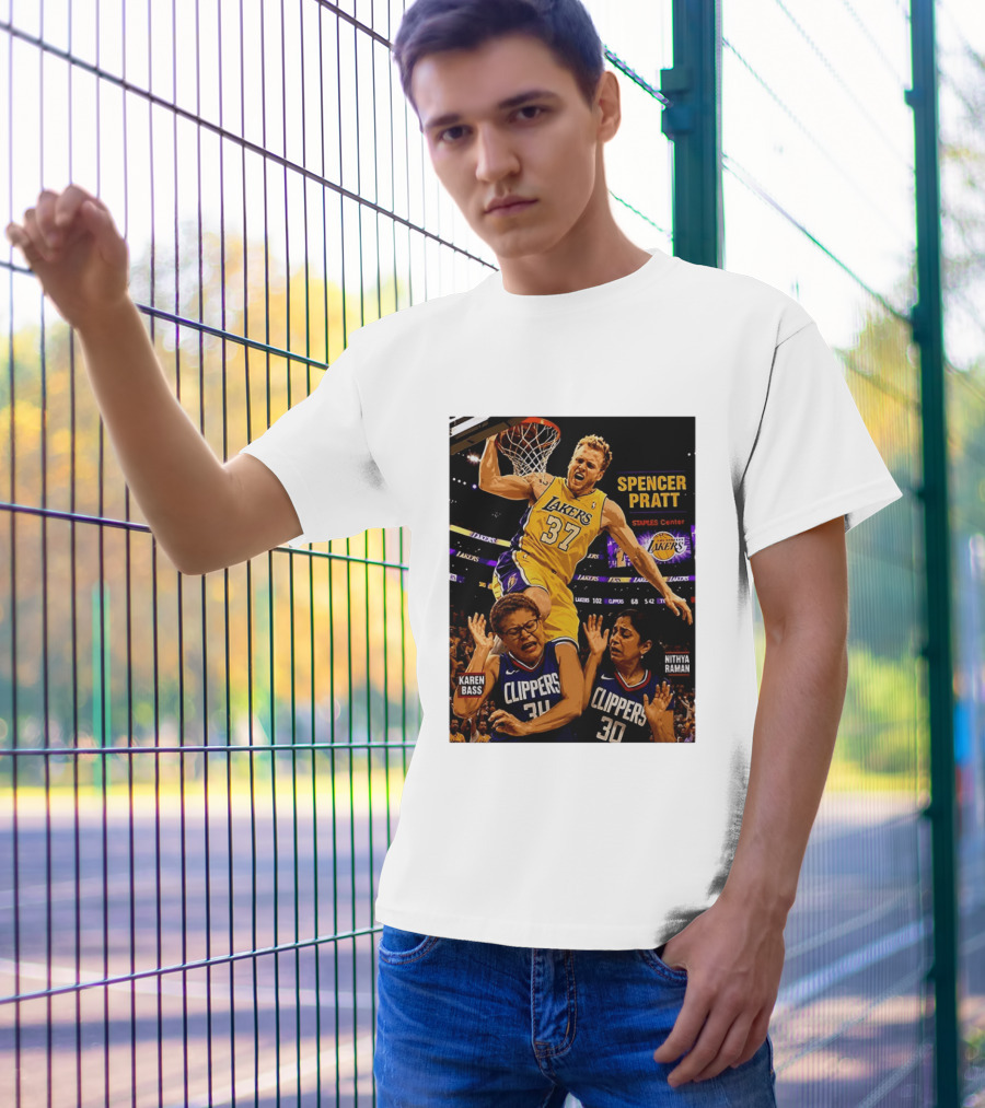 Los Angeles Lakers Spencer Pratt Dunks Staples Center Clippers Karen Bass Nithya Raman T-Shirt