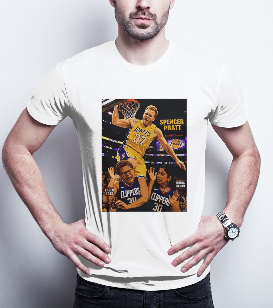 Los Angeles Lakers Spencer Pratt Dunks Staples Center Clippers Karen Bass Nithya Raman T-Shirt