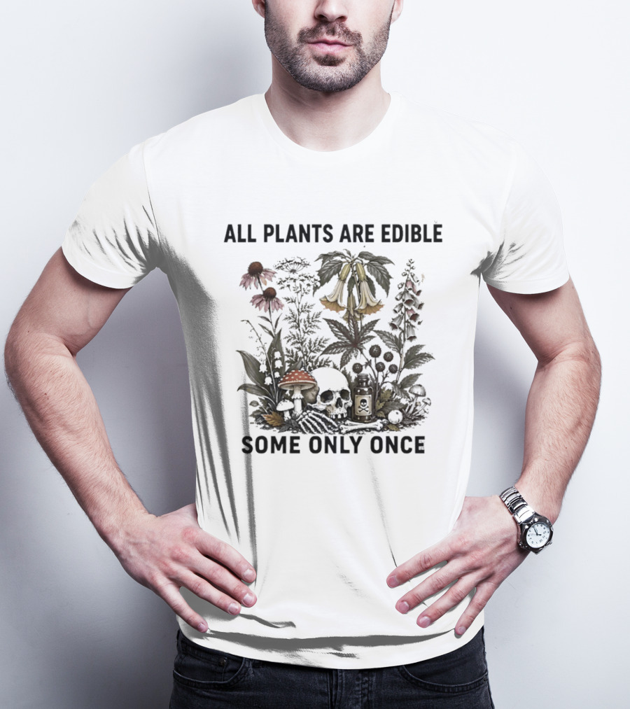 All Plants Are Edible Botanical Humor Mushroom And Bellflower Dark T-Shirt
