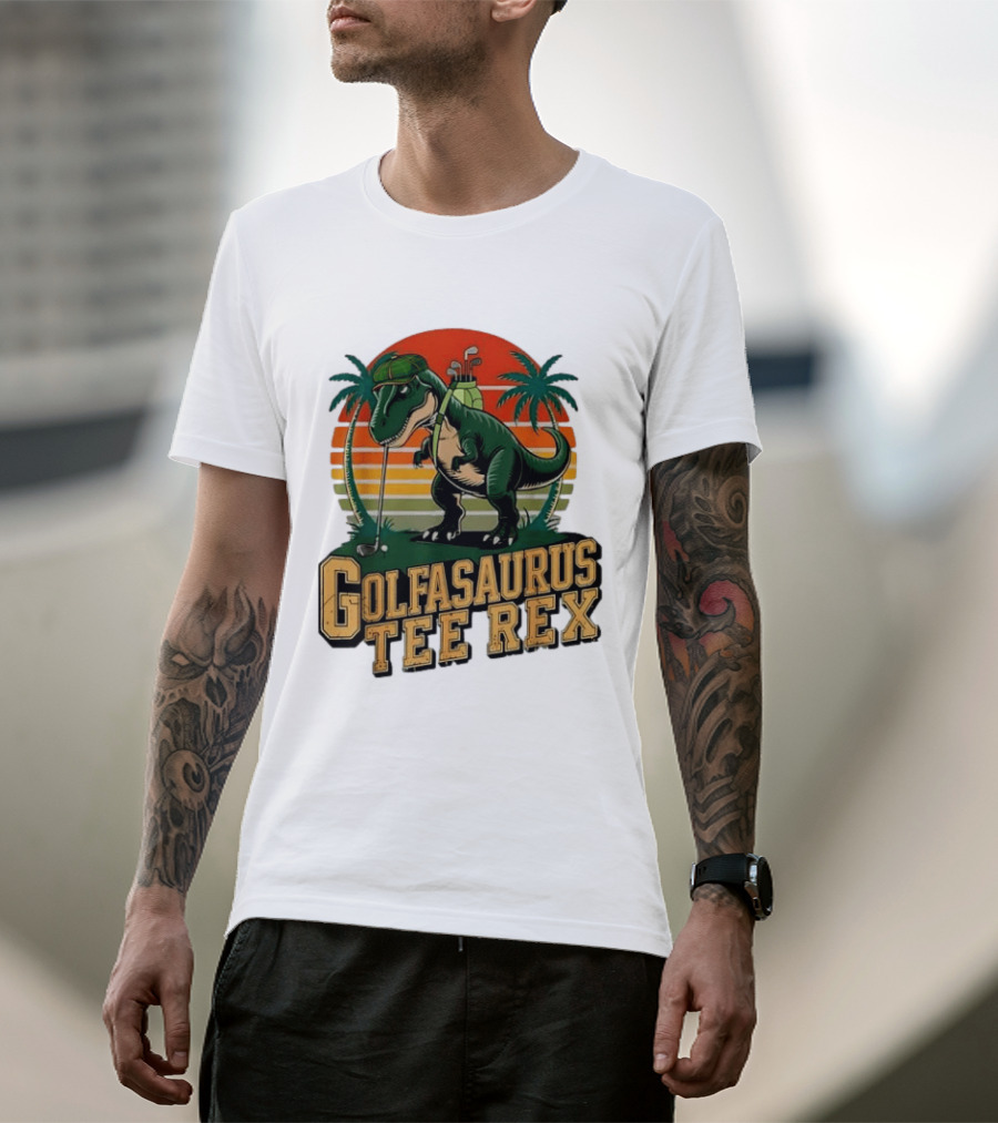 Golfasaurus Rex Rex Dinosaur Playing Golf Sunset Palm Trees T-Shirt