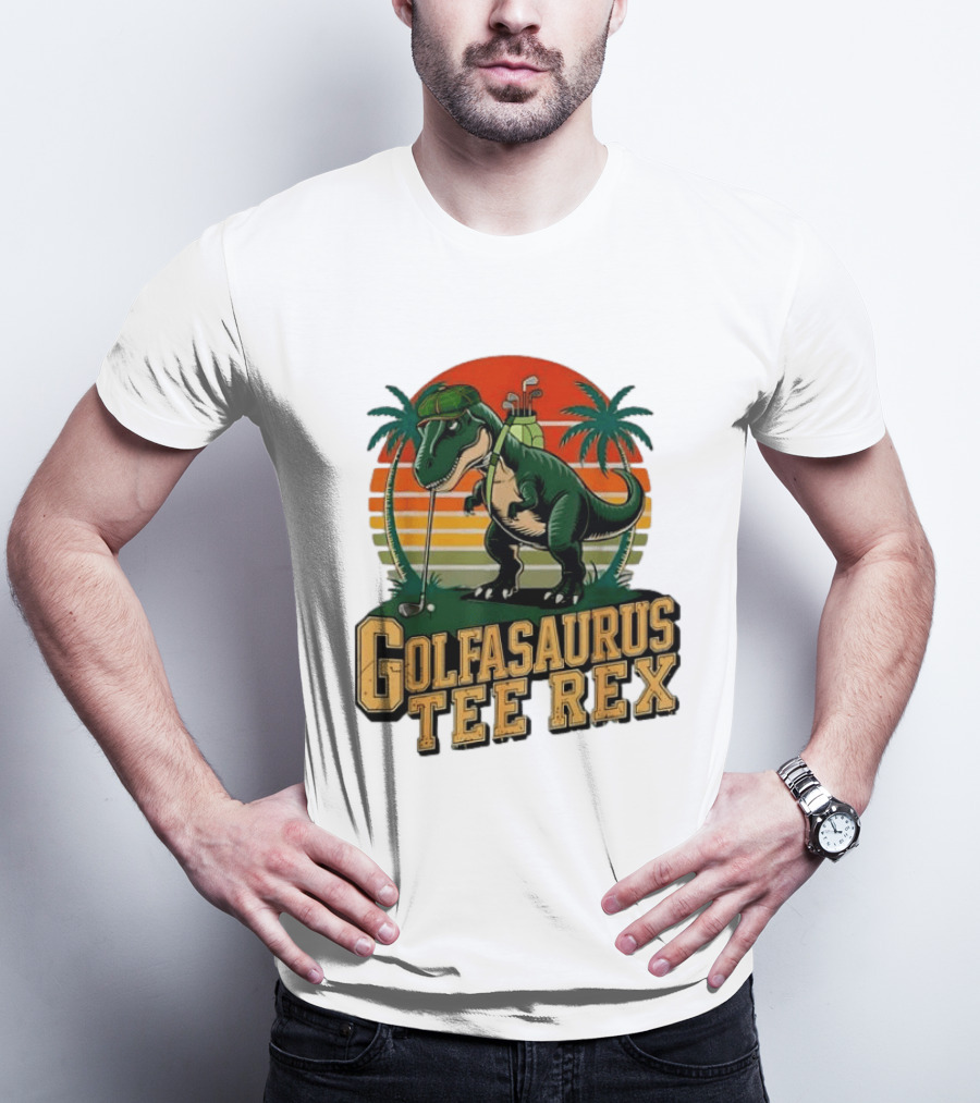 Golfasaurus Rex Rex Dinosaur Playing Golf Sunset Palm Trees T-Shirt