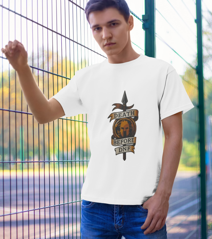 Death Before DNF Spartan Helmet Spear Banner T-Shirt