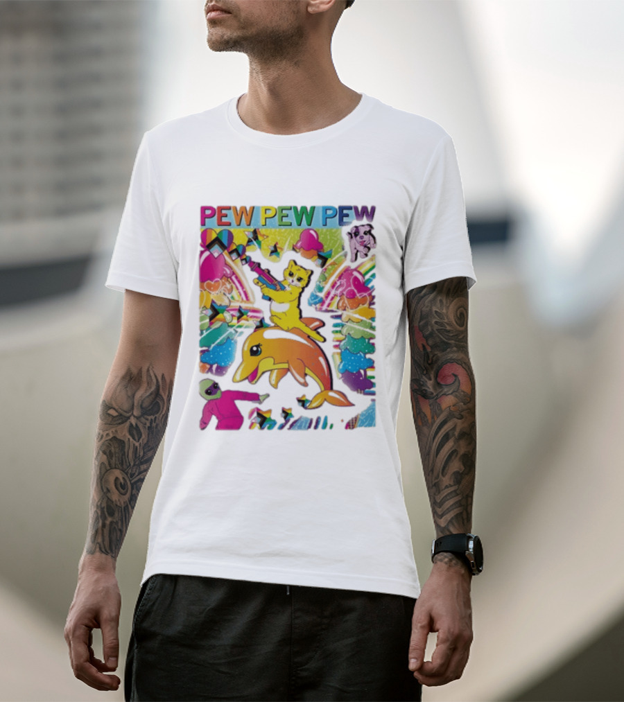Pew Pew Pew Colorful Cat Dolphin Alien Rainbow T-Shirt