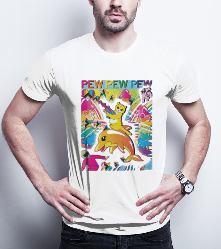 Pew Pew Pew Colorful Cat Dolphin Alien Rainbow T-Shirt