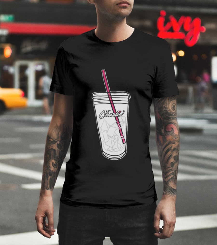 Charli Iced Coffee Cup Pink Straw Sketch T-Shirt