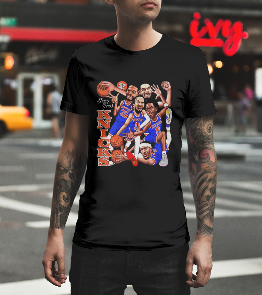 New York Knicks Starting Five 2026 Caricature Dunk Basketball Hoops T-Shirt