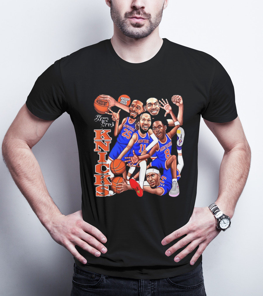 New York Knicks Starting Five 2026 Caricature Dunk Basketball Hoops T-Shirt