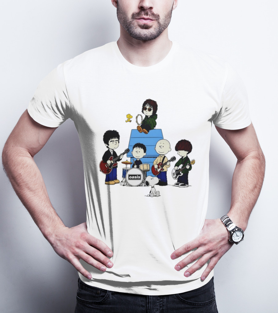 Snoopy Peanuts Oasis Band Cartoon Woodstock Drums Guitars T-Shirt