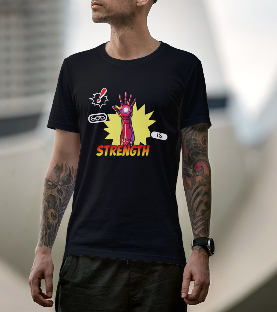 Iron Man God Is Strength Exclamation Comic Style Burst T-Shirt