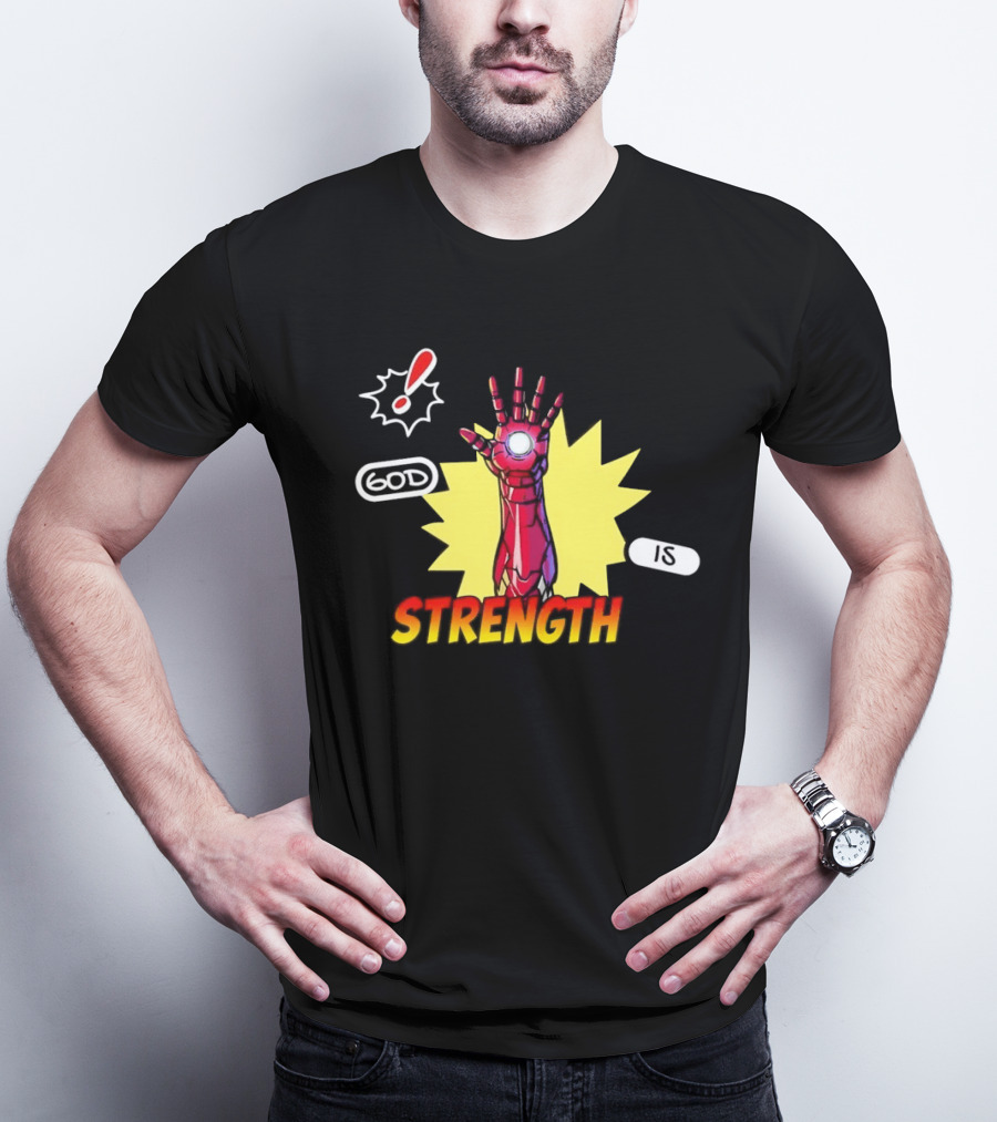 Iron Man God Is Strength Exclamation Comic Style Burst T-Shirt