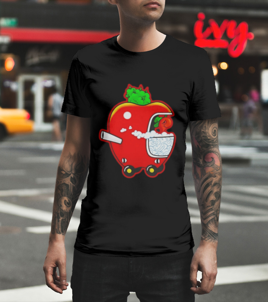 Smokey Worm Apple Cartoon Red Apple With Smoke And Wheels T-Shirt