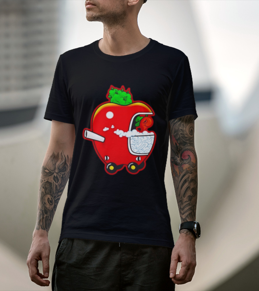 Smokey Worm Apple Cartoon Red Apple With Smoke And Wheels T-Shirt