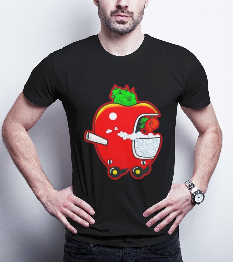 Smokey Worm Apple Cartoon Red Apple With Smoke And Wheels T-Shirt