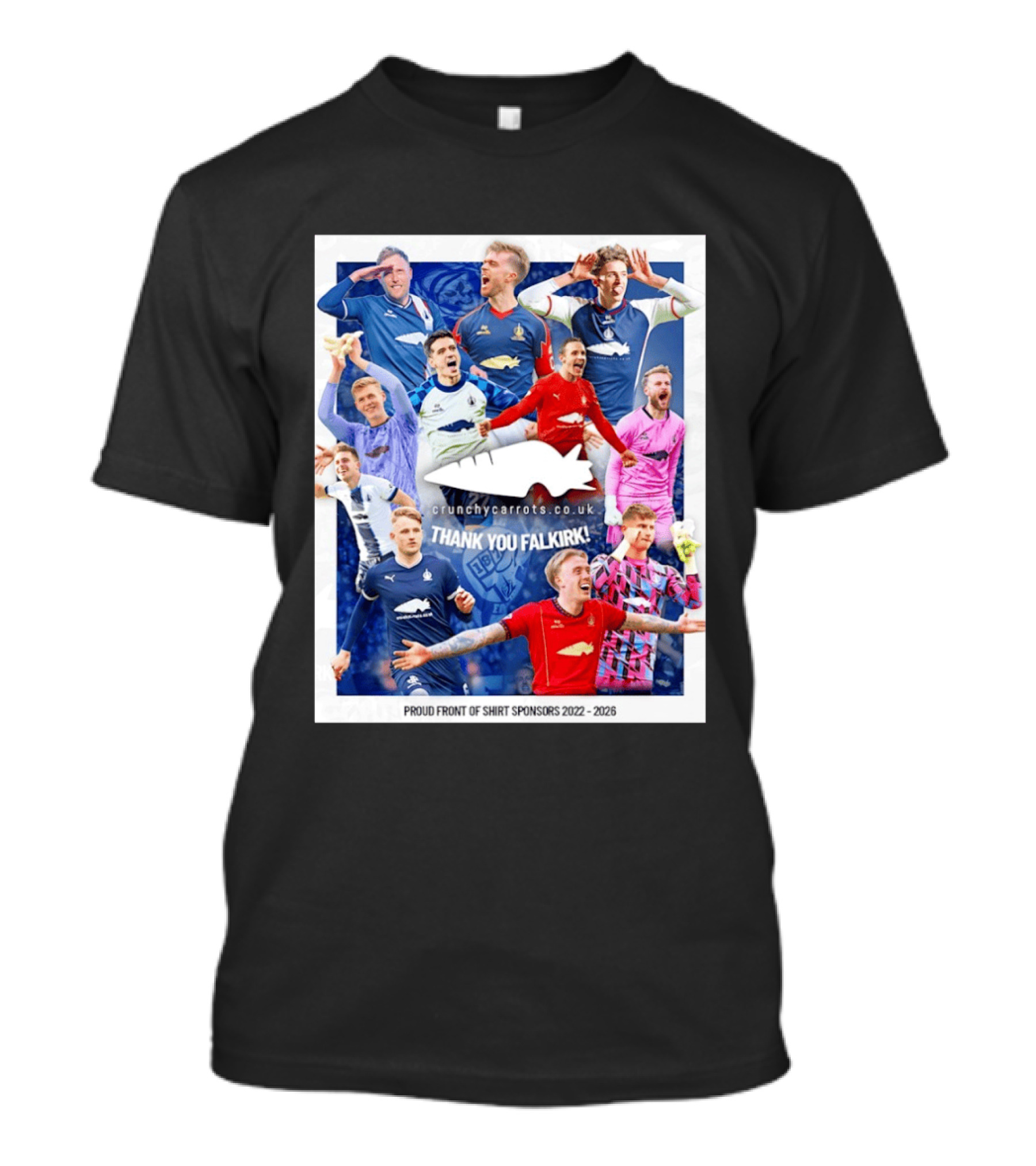 Crunchycarrots.co.uk Thank You Falkirk FC Proud Front Of Sponsors 2022 2026 T-Shirt