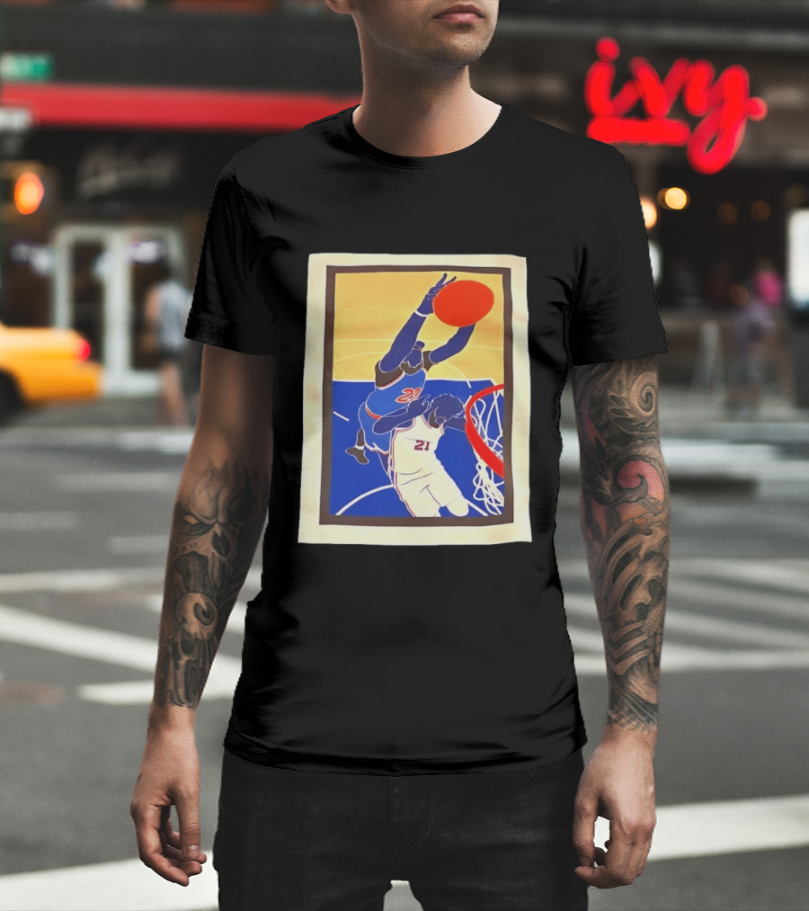 Mitchell Robinson 23 Dunking Joel Embiid 21 New York Knicks Basketball NBA 2026 T-Shirt