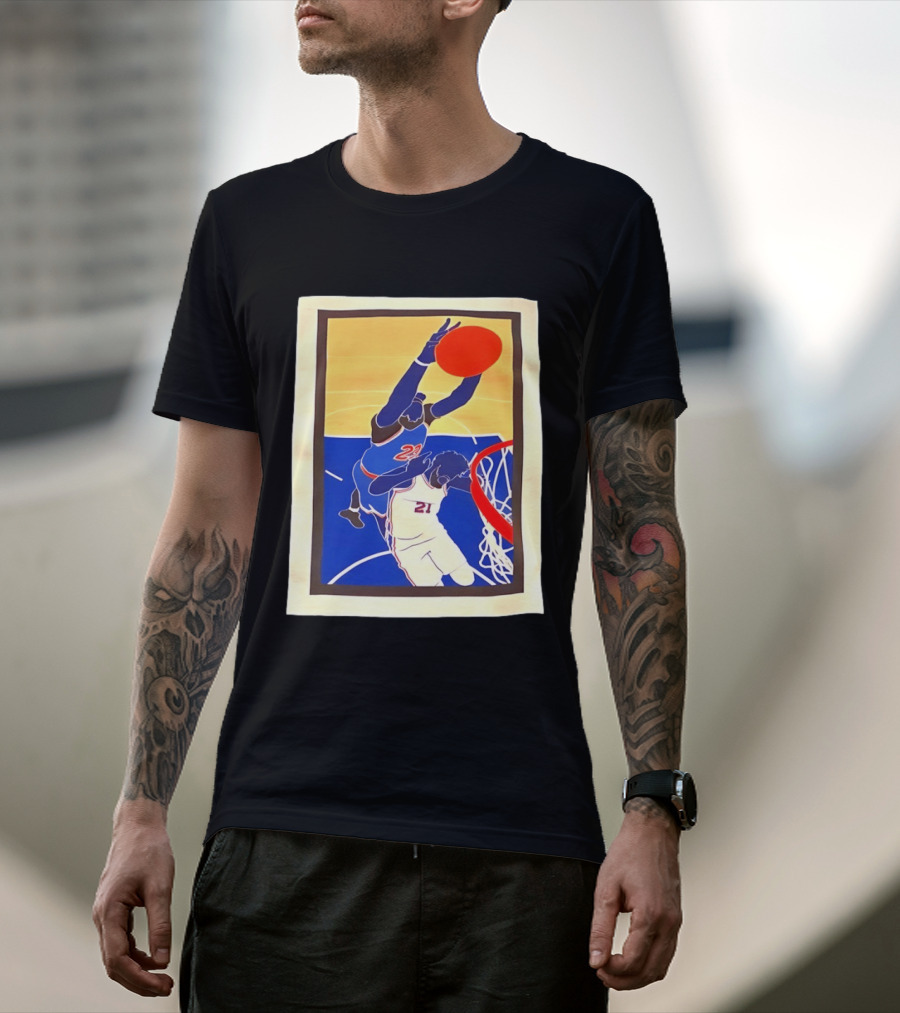 Mitchell Robinson 23 Dunking Joel Embiid 21 New York Knicks Basketball NBA 2026 T-Shirt