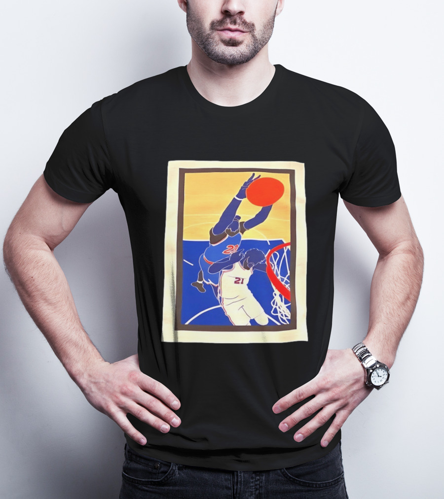Mitchell Robinson 23 Dunking Joel Embiid 21 New York Knicks Basketball NBA 2026 T-Shirt