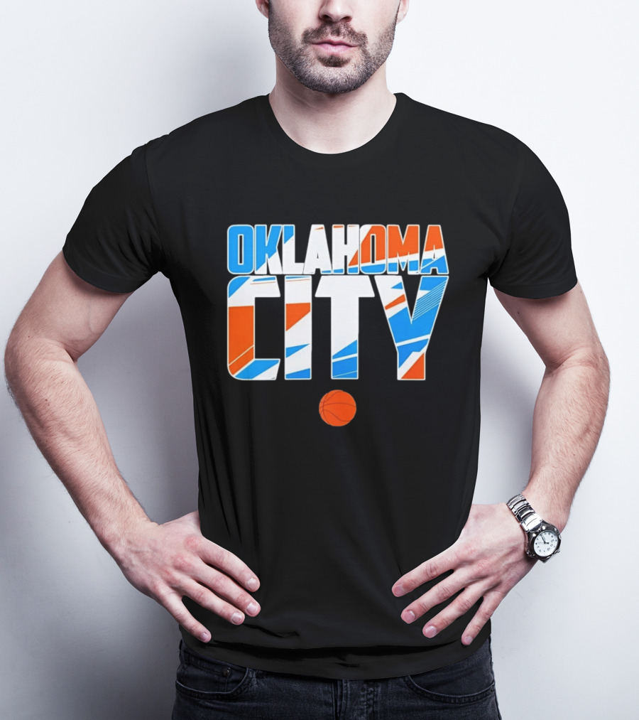 Oklahoma City Basketball Pride Colorful Lettering With Orange Basketball T-Shirt