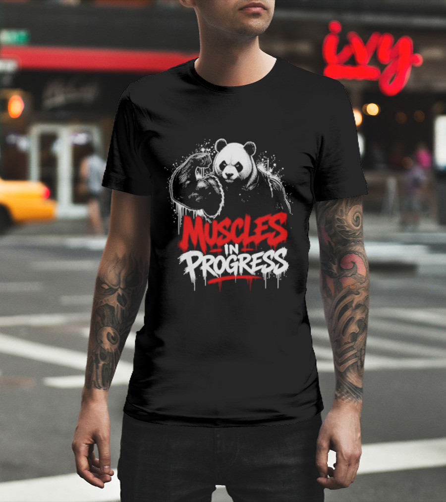 Panda Muscles In Progress Gym Workout Motivation T-Shirt