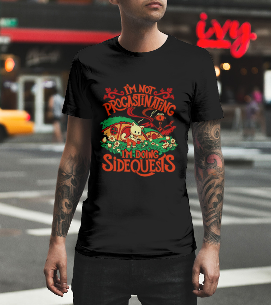 I'm Not Procrastinating I'm Doing Side Quests Cute Cat Adventure Scene T-Shirt
