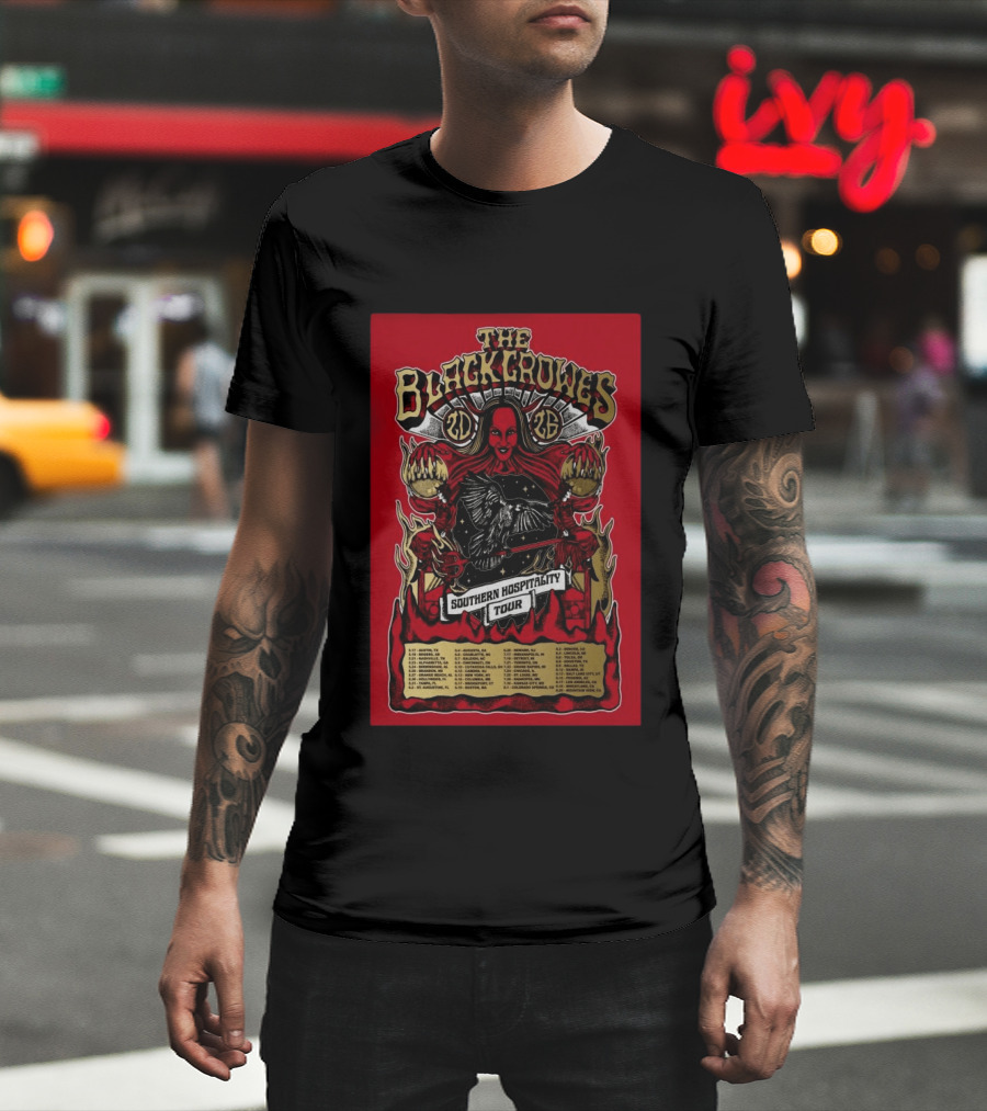 The Black Crowes Southern Hospitality Tour 2026 Red Background Gothic Crow Imagery Vintage Band Tour Dates T-Shirt