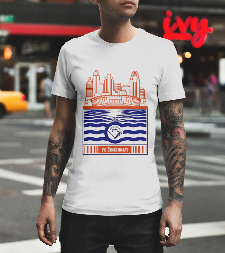 FC Cincinnati Stadium Skyline With River Flag T-Shirt
