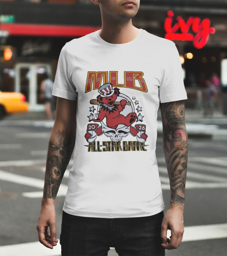 MLB 2026 All Star Game Grateful Dead Bear With Bat Patriotic Hat T-Shirt