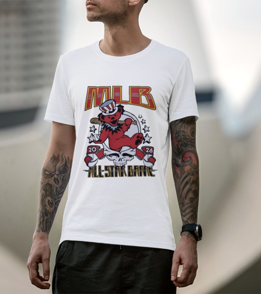 MLB 2026 All Star Game Grateful Dead Bear With Bat Patriotic Hat T-Shirt