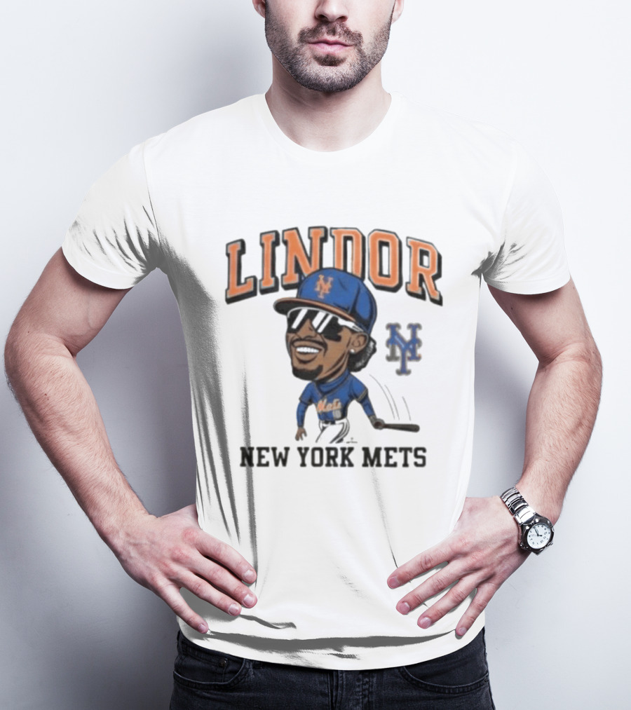 Lindor New York Mets 26 Caricature Baseball Player With Cap T-Shirt