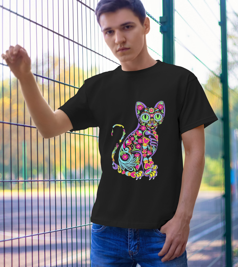 Sugar Skull Cat With Vibrant Floral T-Shirt