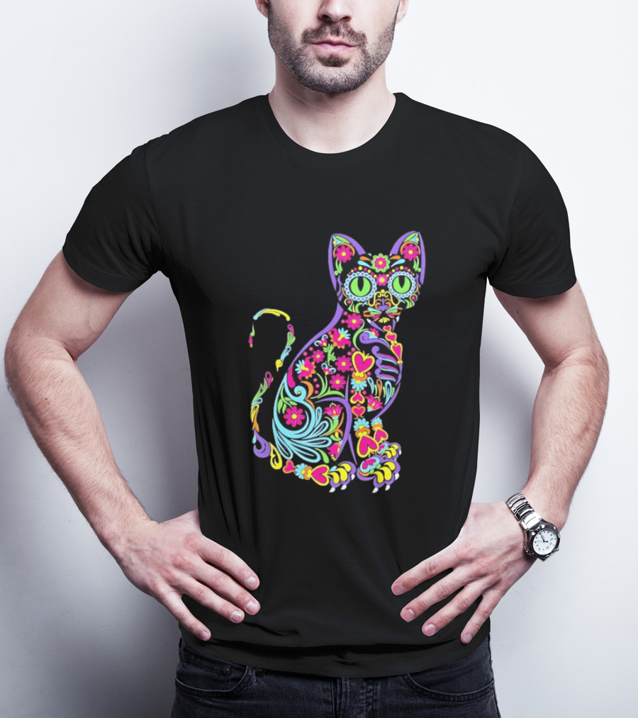 Sugar Skull Cat With Vibrant Floral T-Shirt