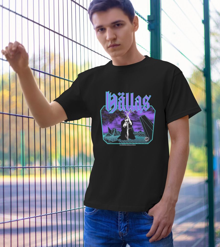 Hallas Electric Quest Sword Lightning Venture Rocks Purple Sky T-Shirt