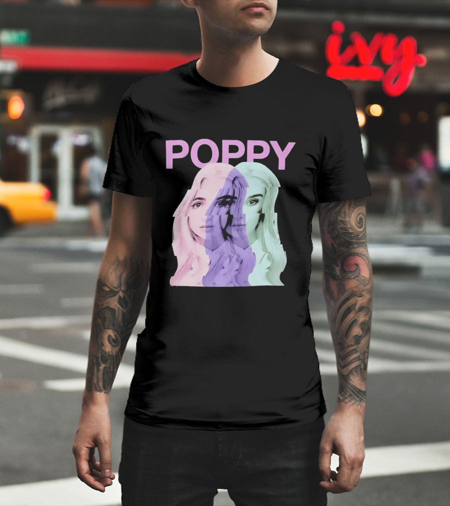 Poppy Digital Muse Glitch Faces Tricolor T-Shirt