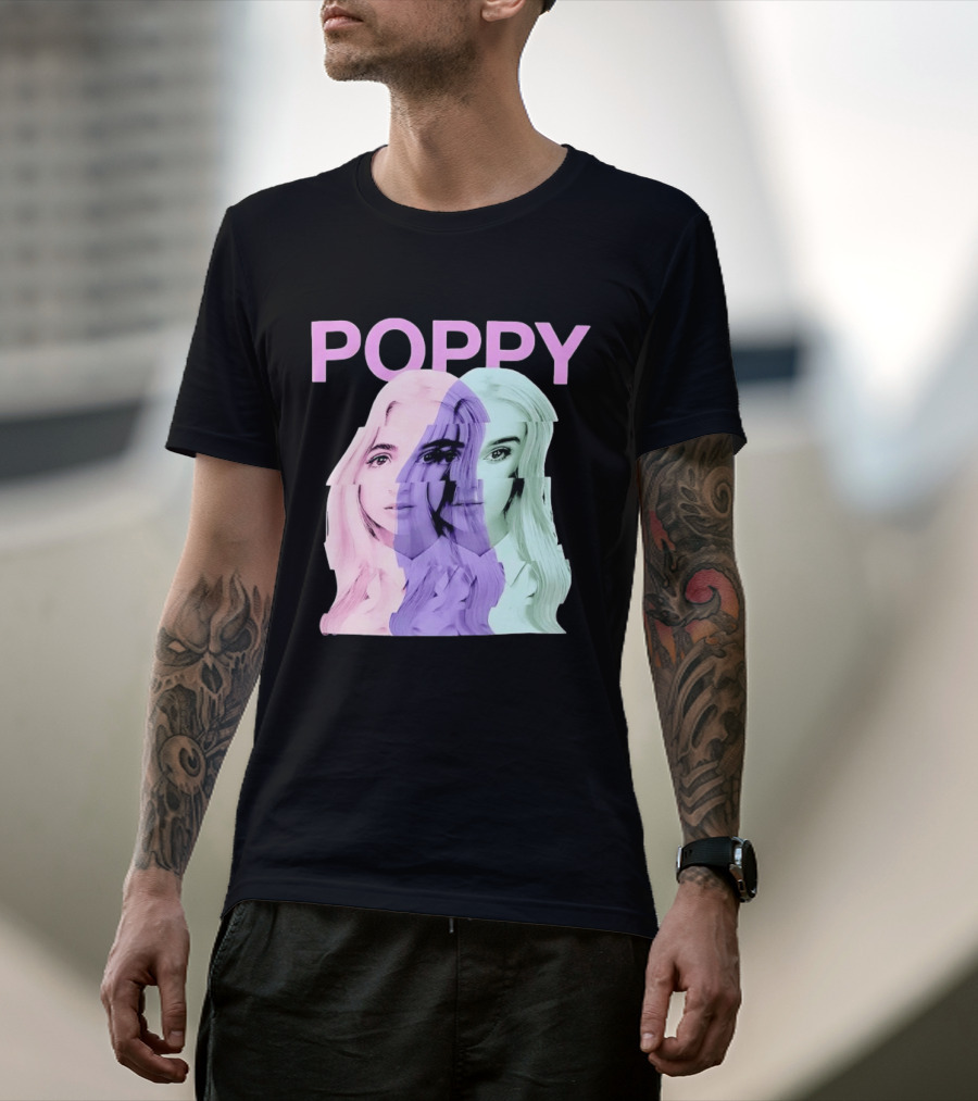 Poppy Digital Muse Glitch Faces Tricolor T-Shirt