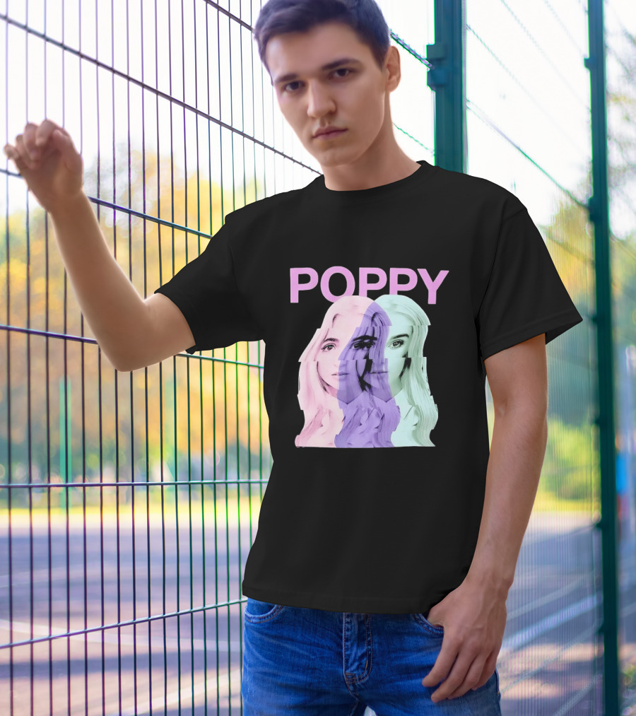 Poppy Digital Muse Glitch Faces Tricolor T-Shirt