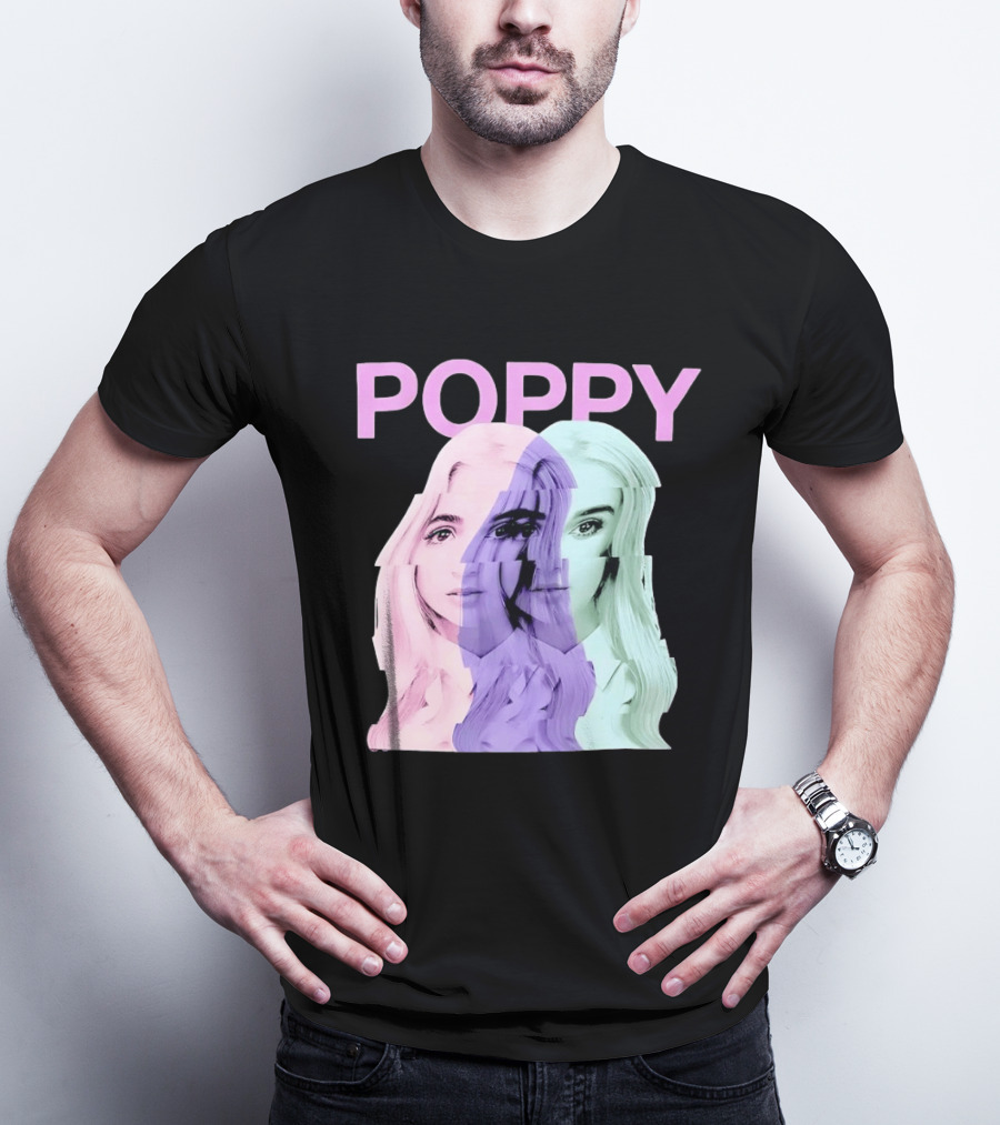Poppy Digital Muse Glitch Faces Tricolor T-Shirt