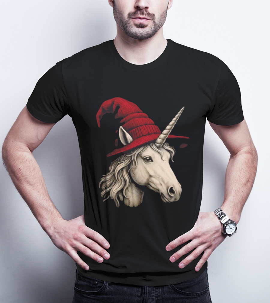 Unicorn With Red Wizard Witch Hat Beanie T-Shirt
