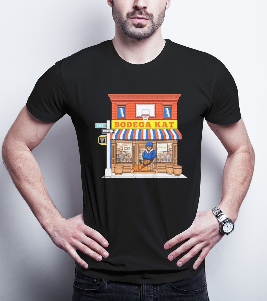 Bodega KAT New York Knicks Basketball Street Scene Purr Street Sign T-Shirt