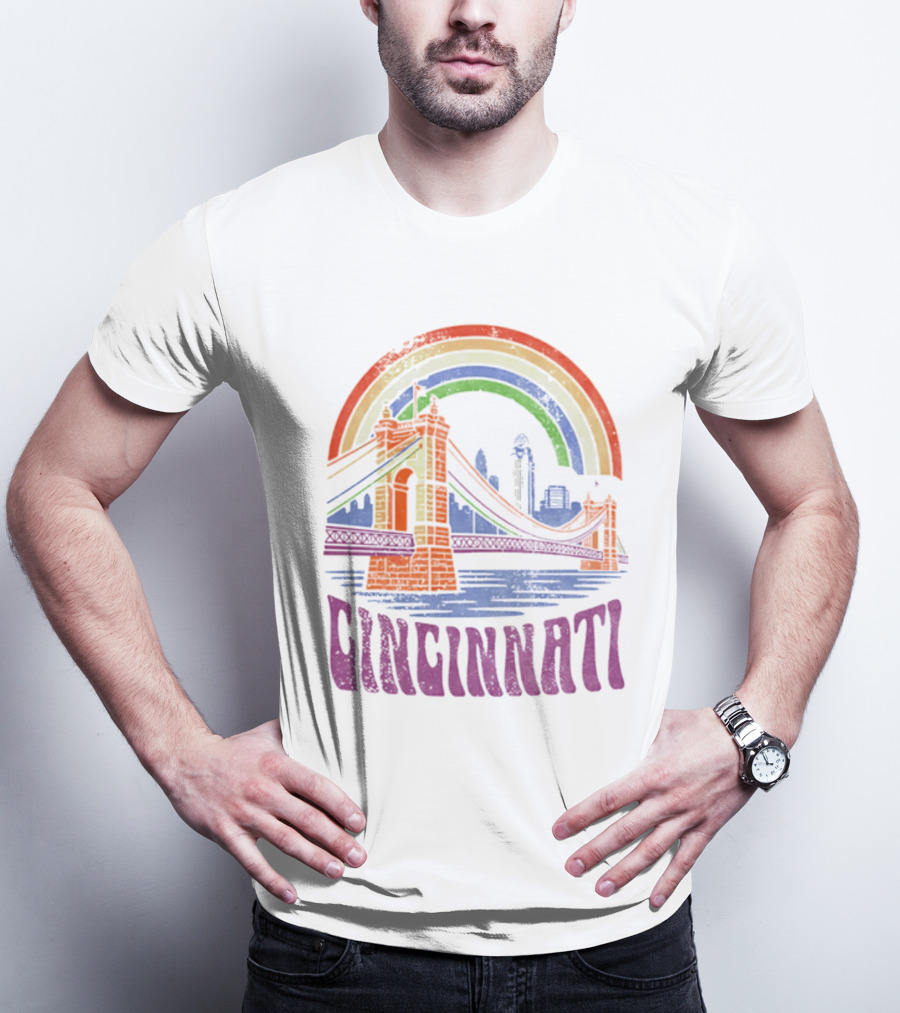 Cincinnati Roebling Bridge Rainbow Skyline Proud Of Our City T-Shirt