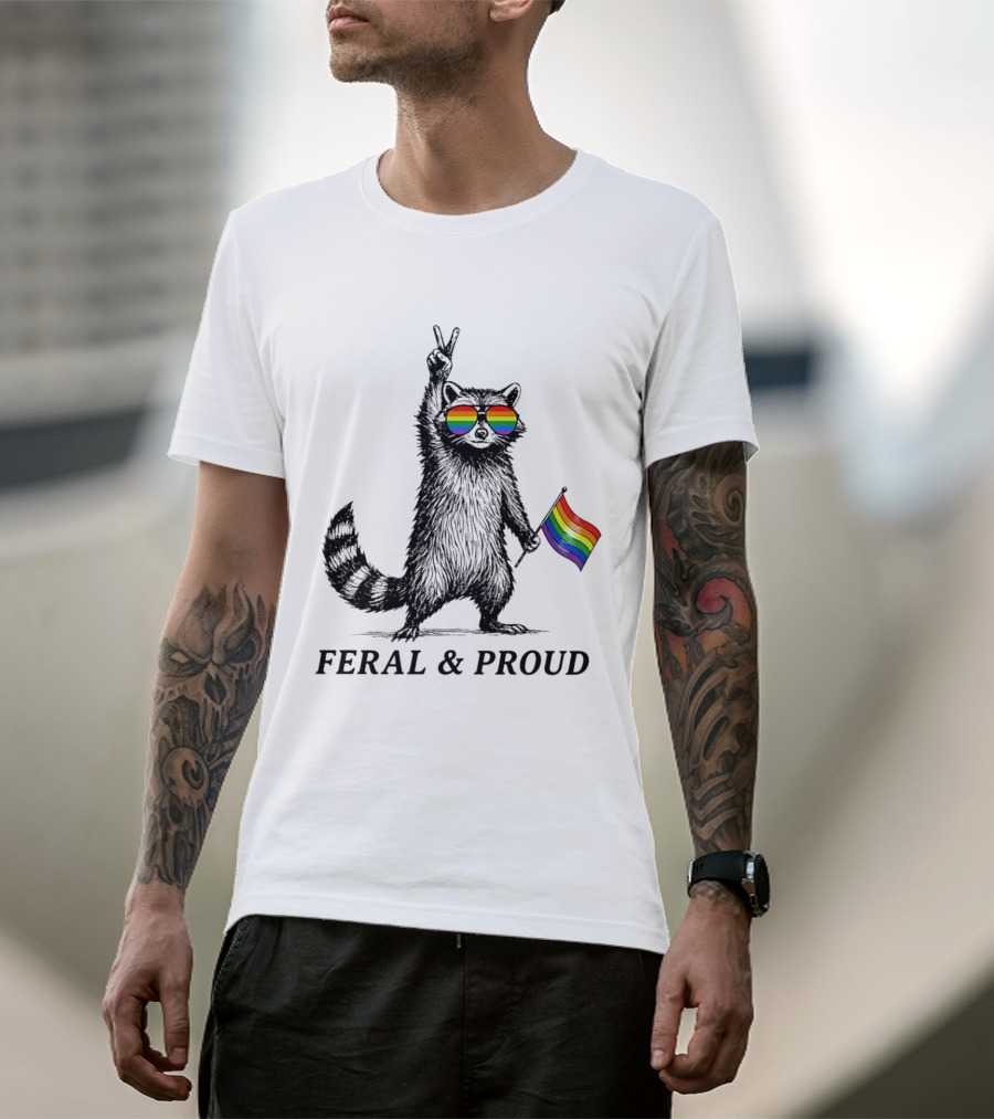 Feral And Proud Raccoon Peace Sign Rainbow Sunglasses Flag T-Shirt