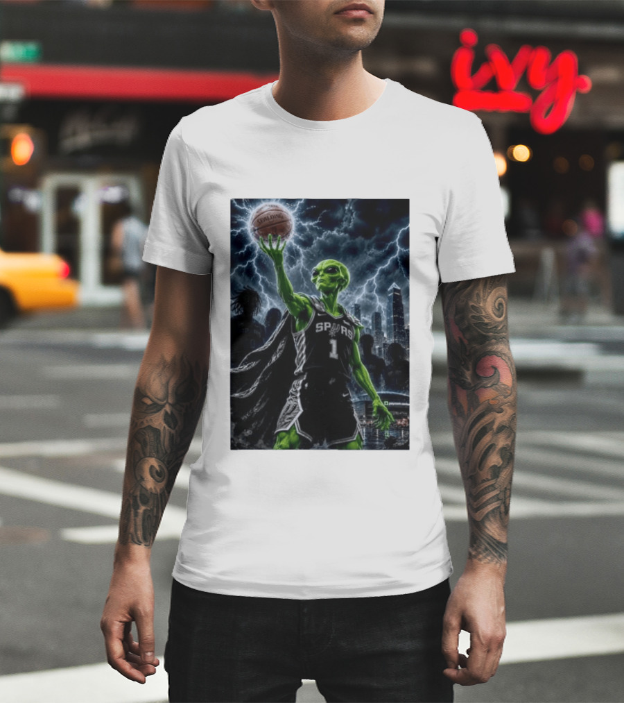 NBA Spurs Alien Spalding Basketball Hovering In Stormy City Skyline T-Shirt