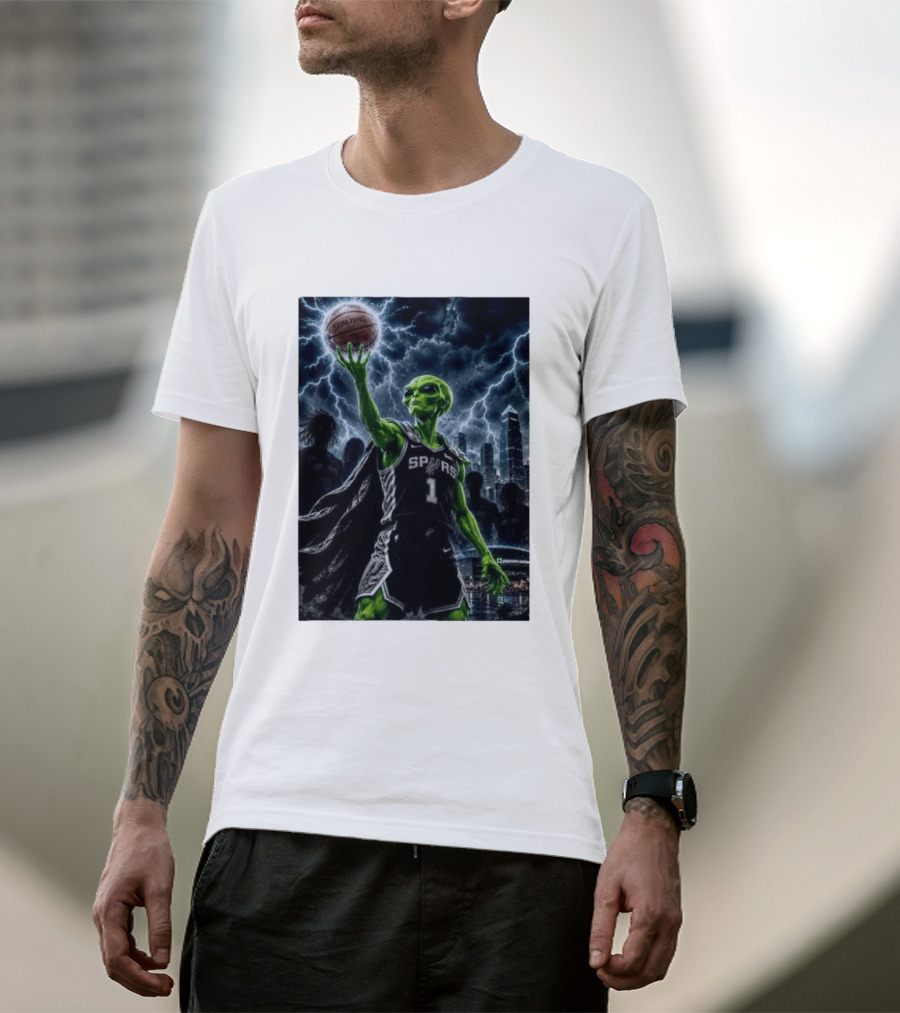 NBA Spurs Alien Spalding Basketball Hovering In Stormy City Skyline T-Shirt