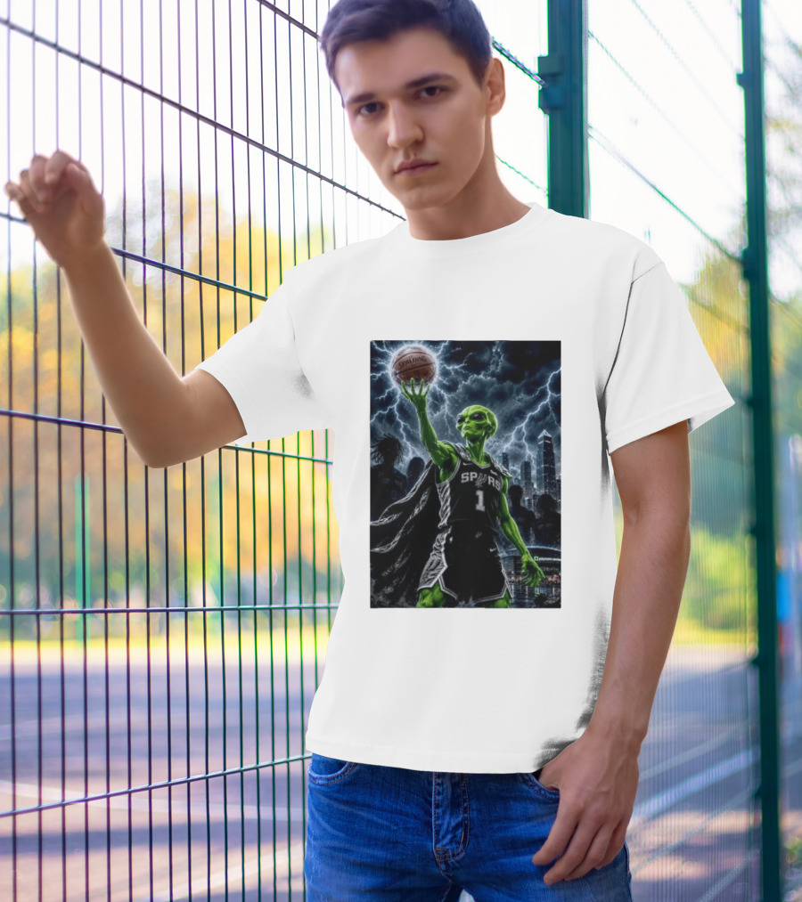 NBA Spurs Alien Spalding Basketball Hovering In Stormy City Skyline T-Shirt