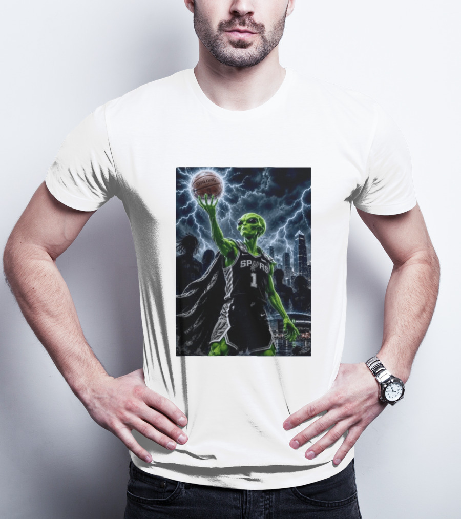 NBA Spurs Alien Spalding Basketball Hovering In Stormy City Skyline T-Shirt