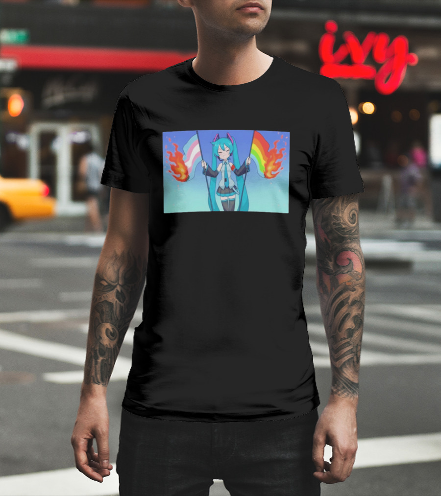 Anime Vocaloid Miku Holding Burning Transgender And Rainbow Flags Controversial Pride Month 2026 T-Shirt